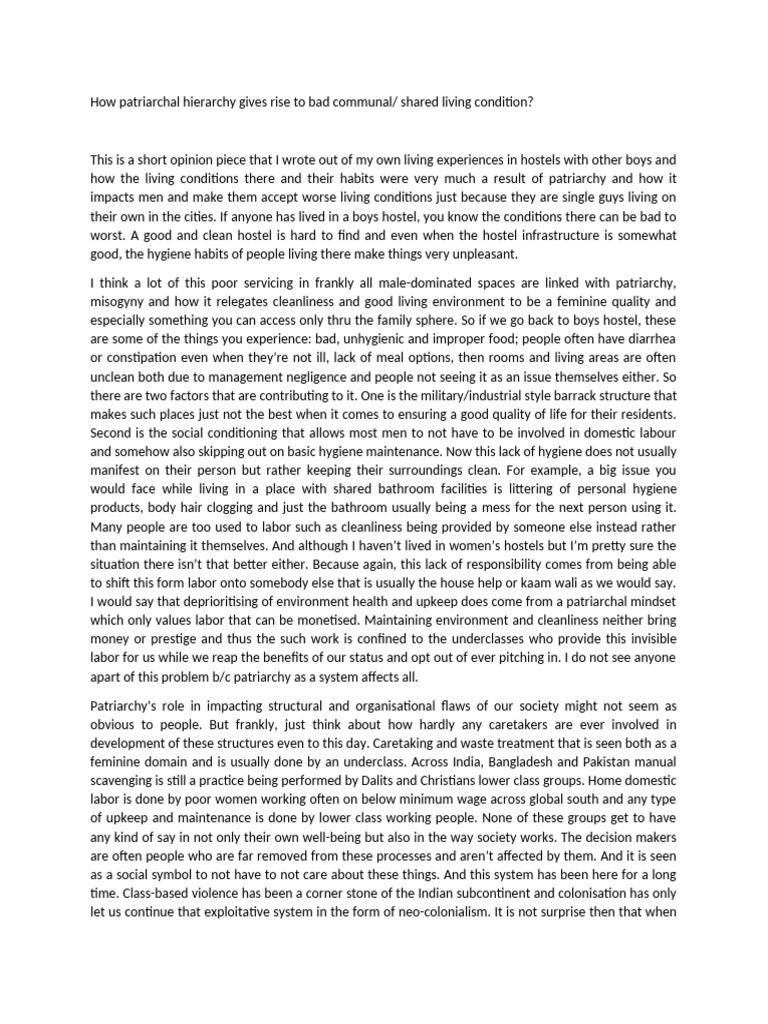 Impact of Patriarchy on Hostel Living Conditions | PDF | Hygiene ...