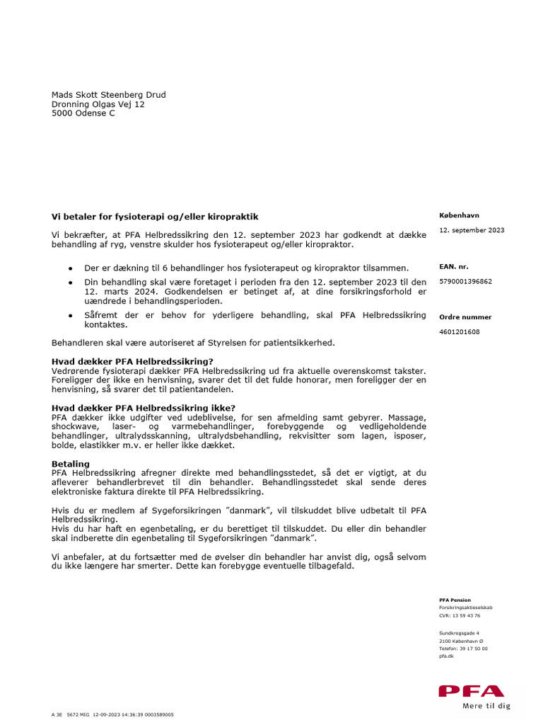 Brev Fra PFA Helbredssikring | PDF