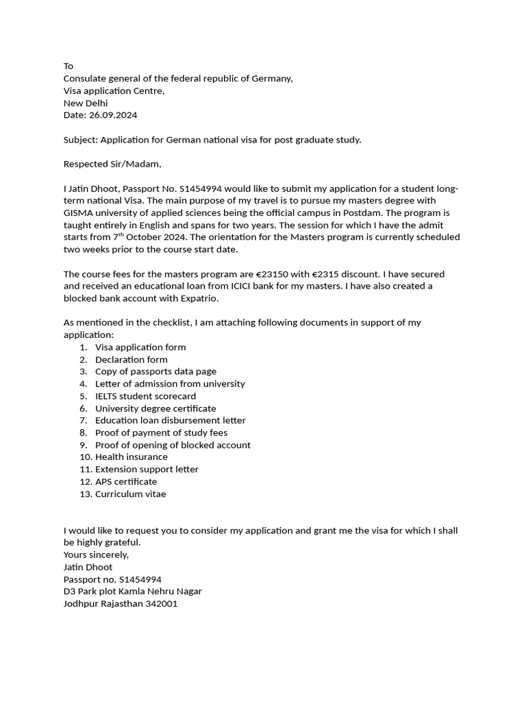 Cover Letter For Visa Germany | PDF