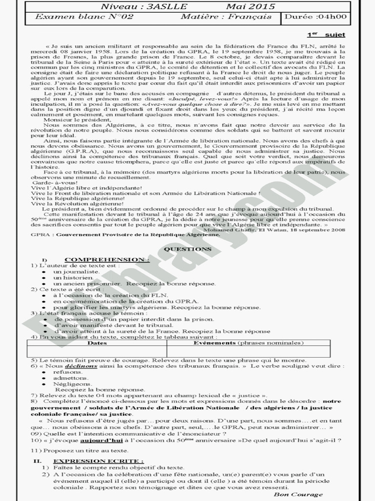 Dzexams 3as Francais t3 20151 528665 | PDF