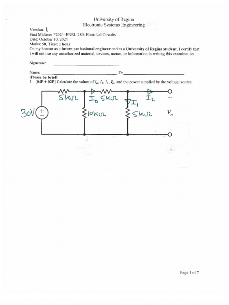 ENEL-280-Mid Term - 1 - F2024 - V1 - V2 | PDF