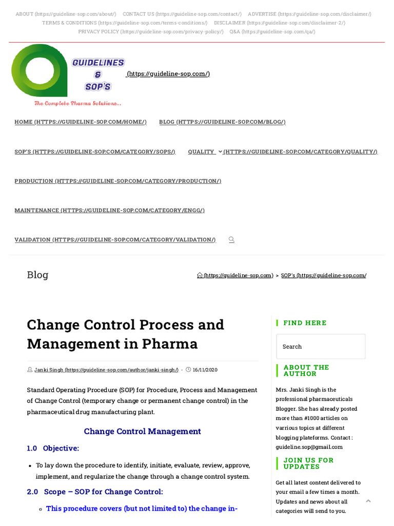 Change Control Process and Management in Pharma - Guidelines - SOPs ...
