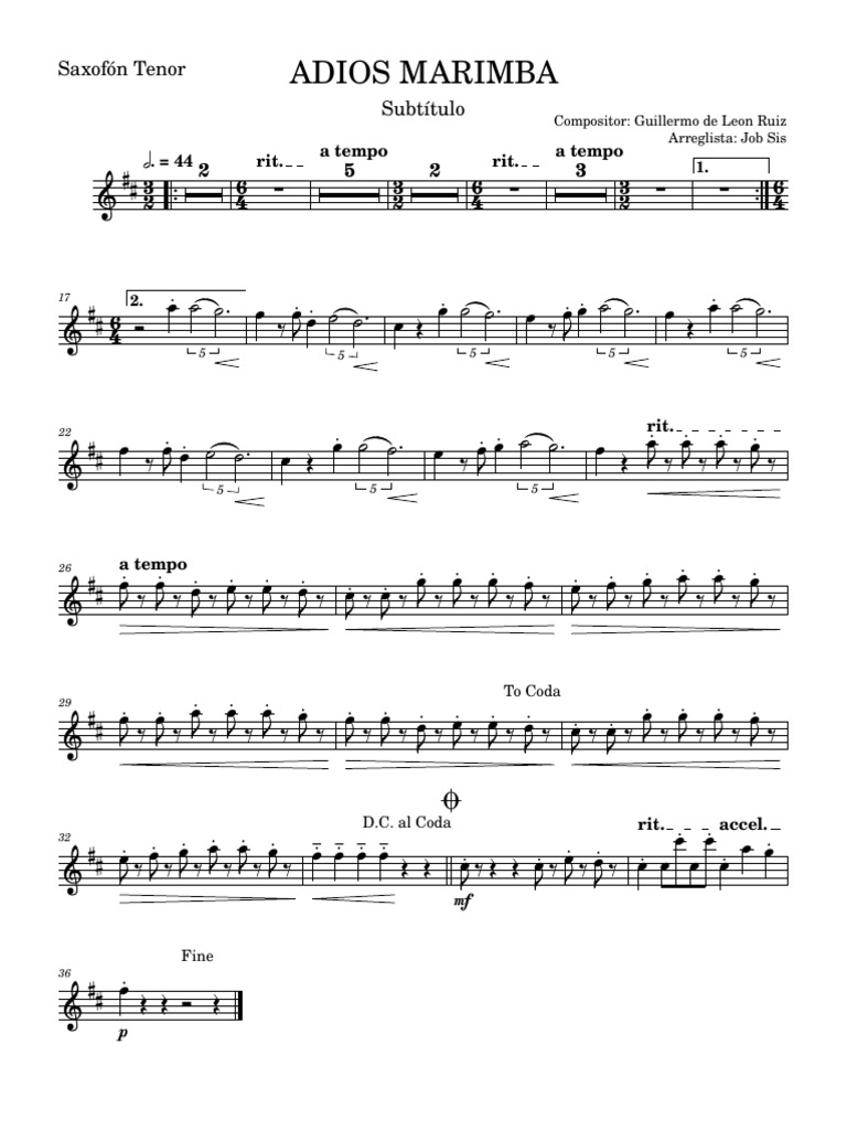 Adios Marimba Sax Tenor | PDF | Saxophone | Musical Instruments