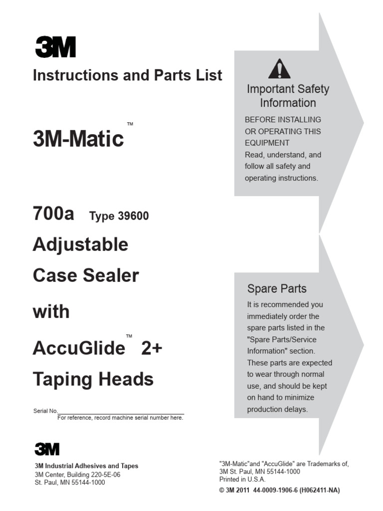 3M Case Sealer 700a Type 39600 Instructions and Parts Lists | PDF ...