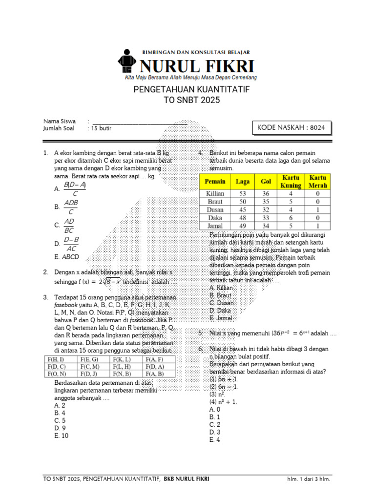 Soal Pengetahuan Kuantitatif SNBT 2025 | PDF