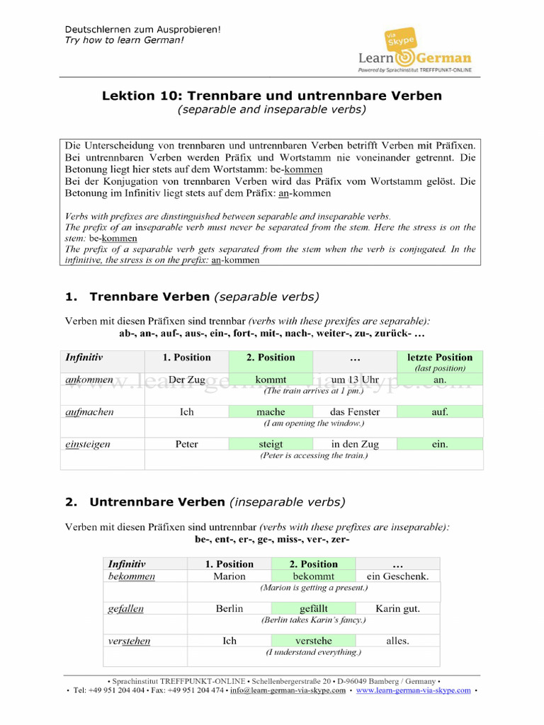 A1 Extra Übung Für Trennbare Und Untrennbare Verben | PDF