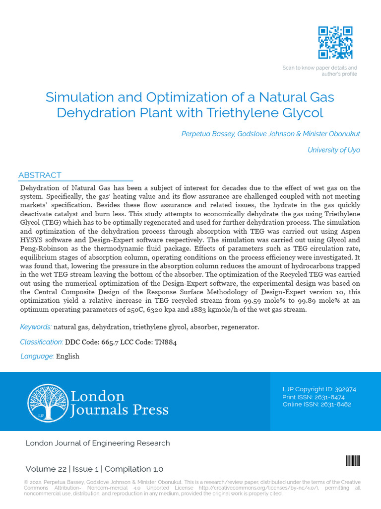 Simulation and Optimization of A Natural Gas Dehydration Plant With Triethylene Glycol | PDF ...
