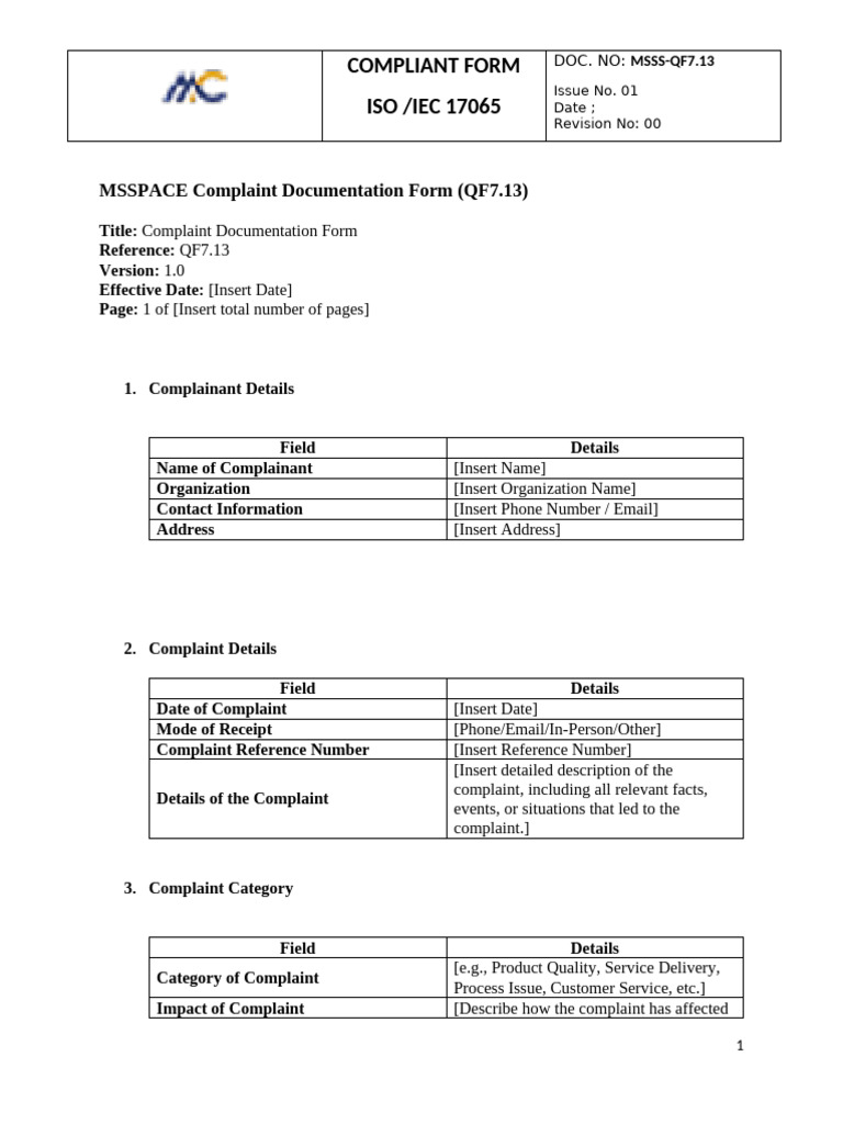 MSSPACE Complaint Documentation Form | PDF