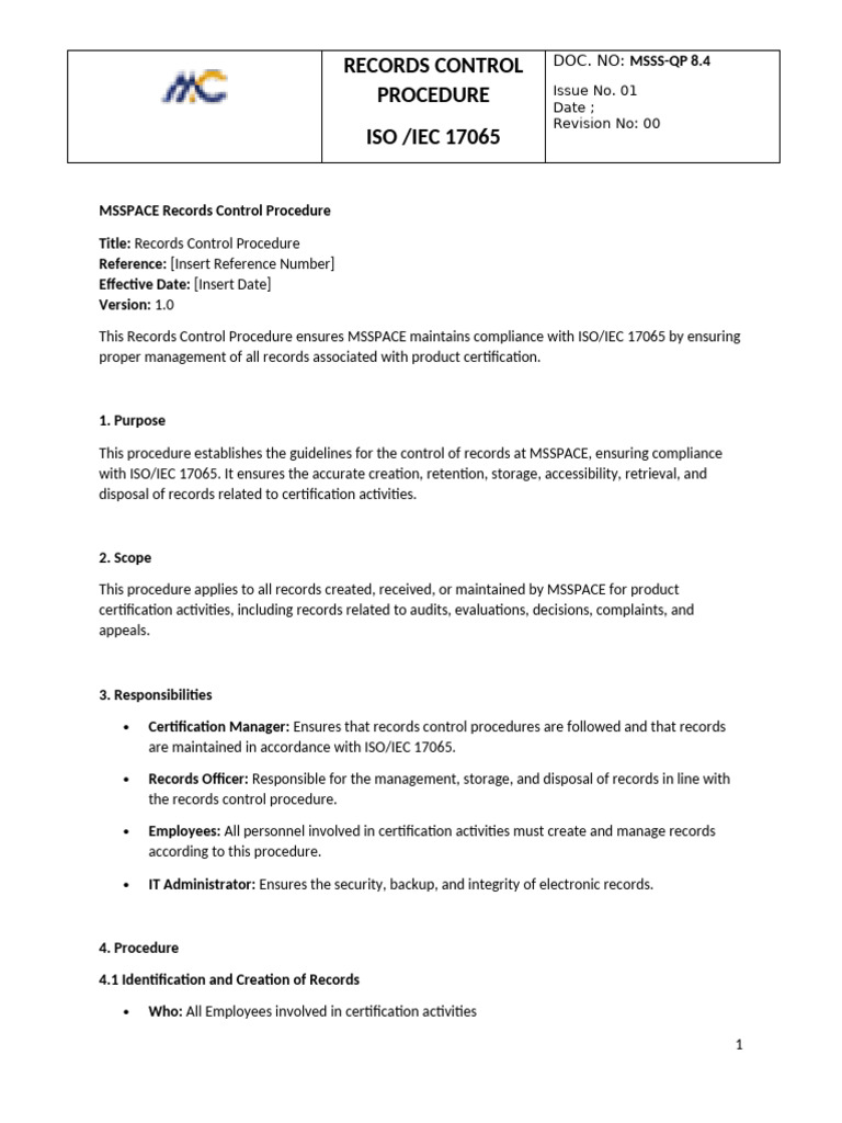 MSSPACE Records Control Procedure - Copy | PDF | Records Management ...