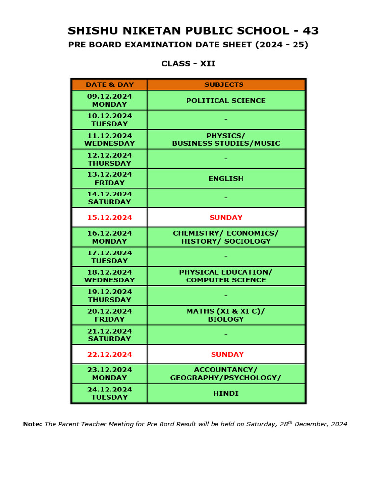 Shishu Niketan Class XII Pre-Board Dates | PDF