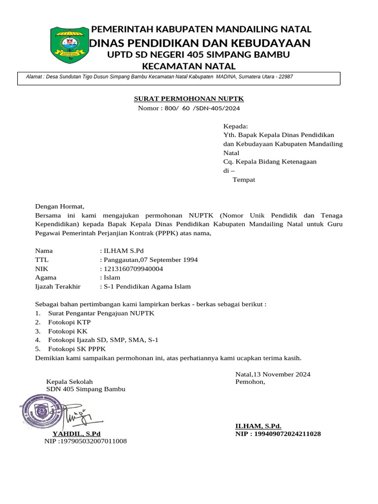 Permohonan NUPTK untuk Ilham S.Pd | PDF