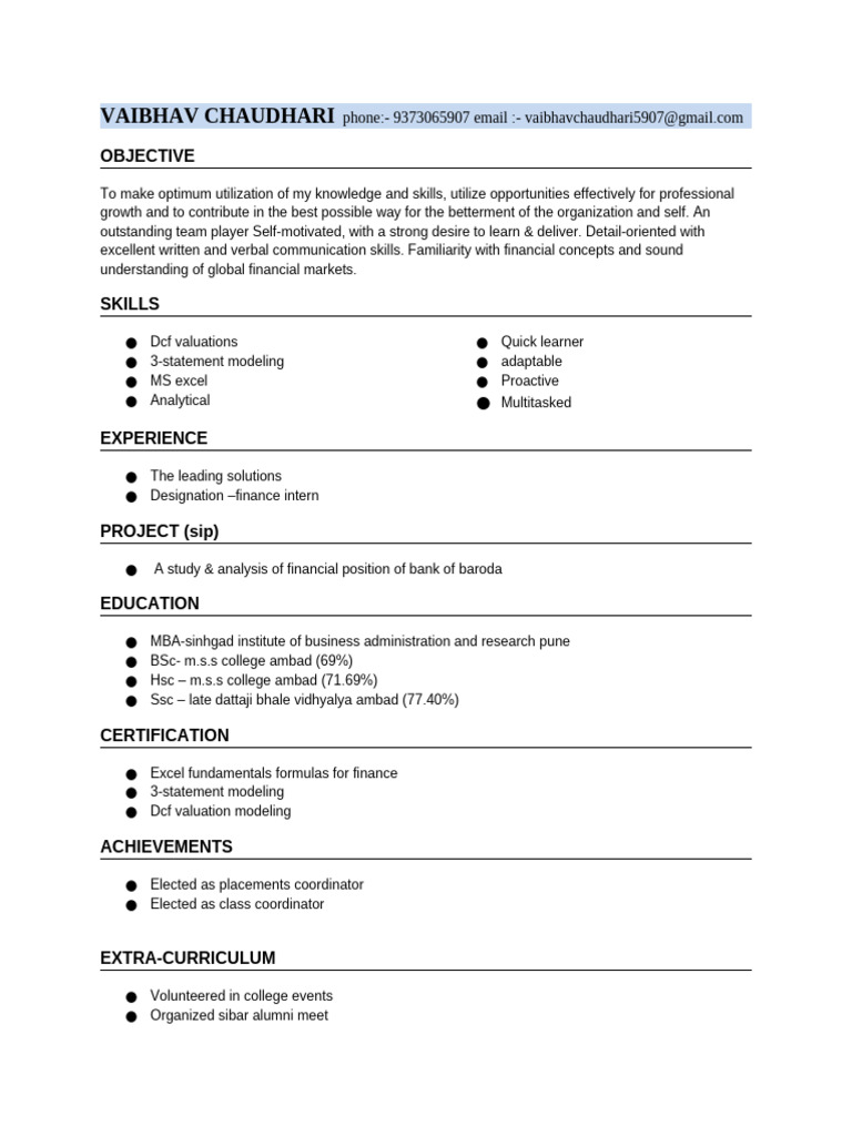 Vaibhav Chaudhari Phone 9373065907 Email - Docx 2 | PDF