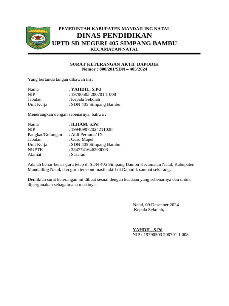 Surat Keterangan Aktif Dapodik Guru | PDF