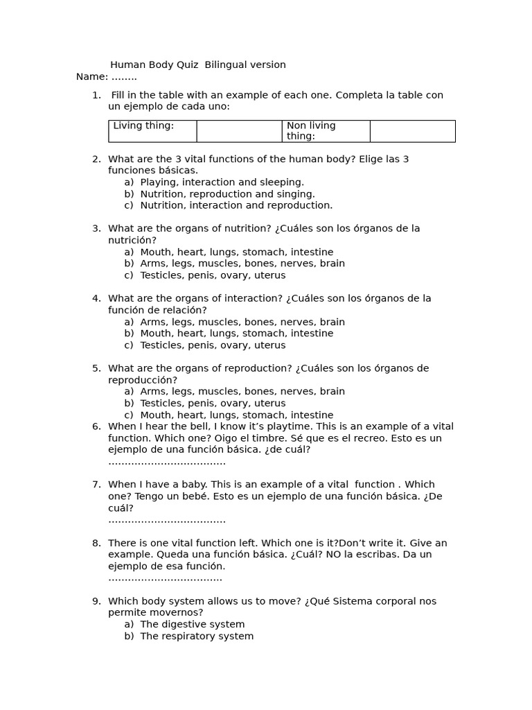 Human Body Quiz, Bilingual Version | PDF