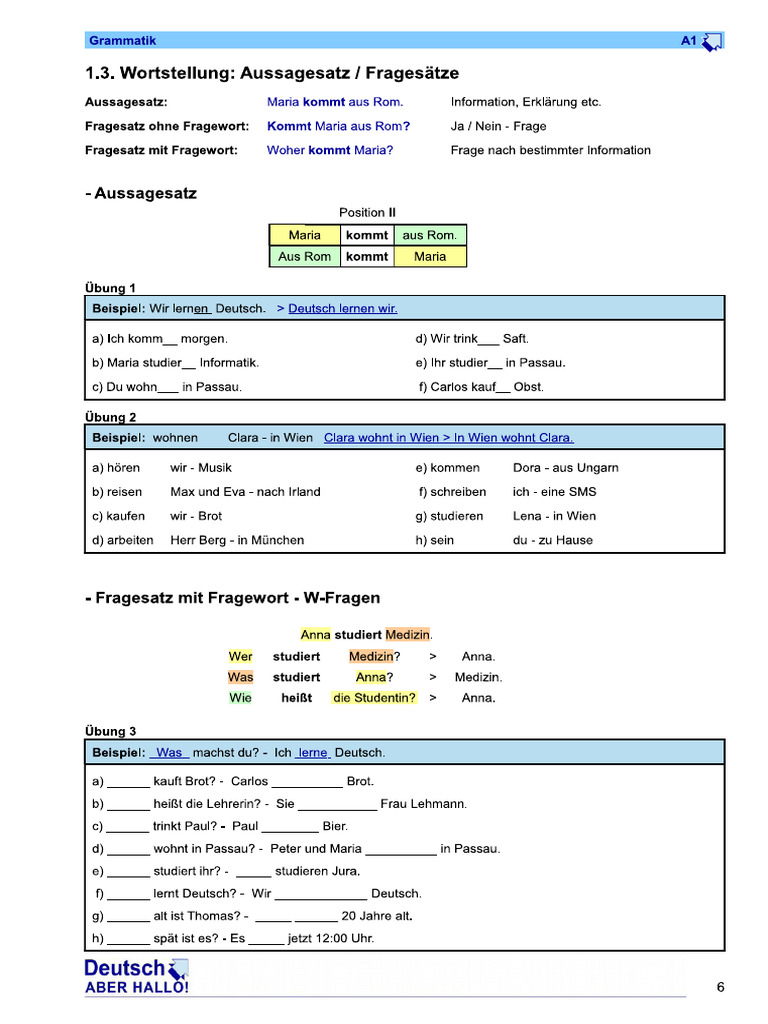 A1 Übung W-Fragen 2.0 | PDF
