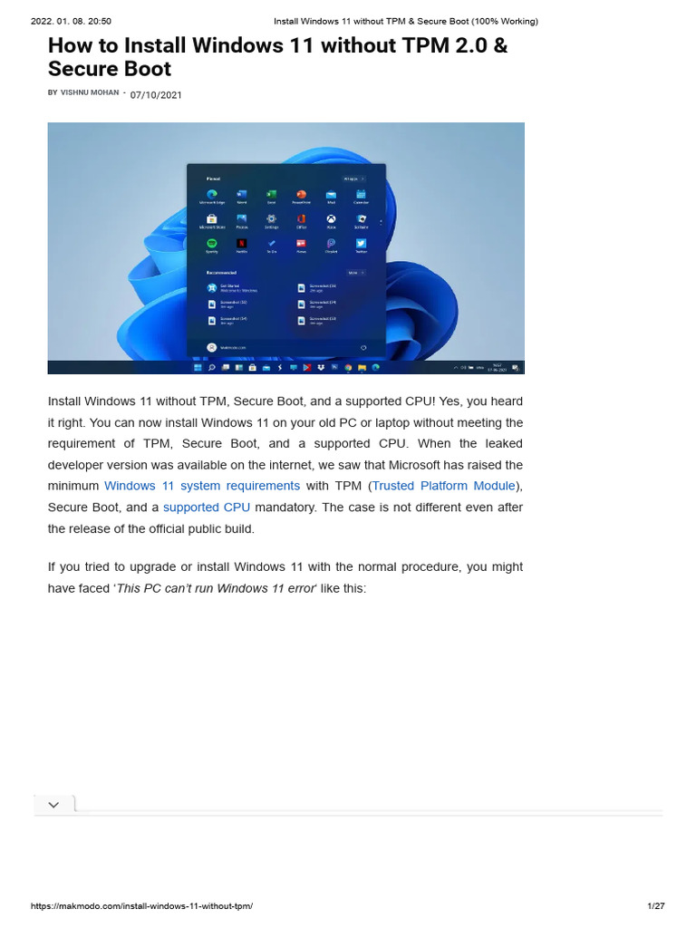 Install Windows 11 without TPM & Secure Boot (100% Working) | PDF | Microsoft Windows | Windows ...