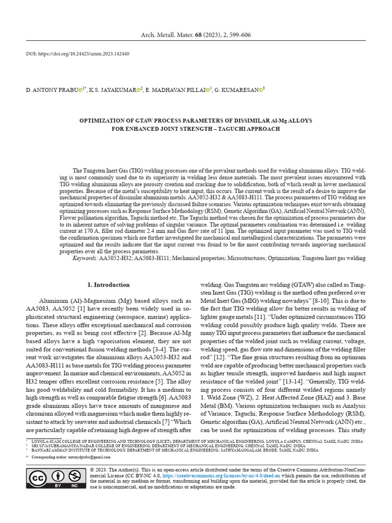 Optimization of Gtaw Process Parameters of Dissimilar Al MG 2jbyx2va | PDF | Welding | Construction