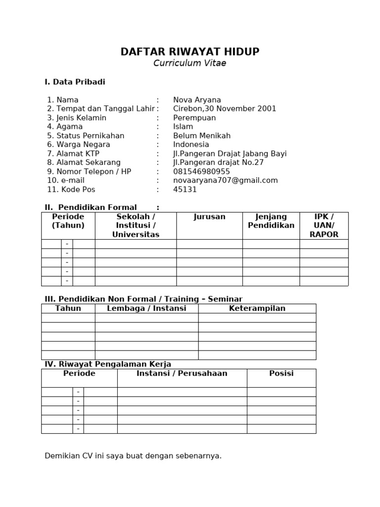 CV Nova Aryana: Data Pribadi dan Pendidikan | PDF