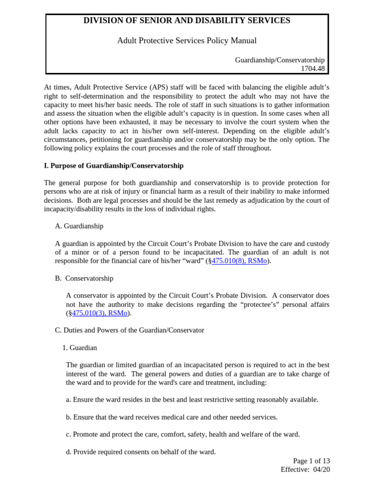 Guardianship and Conservatorship Policy | PDF | Conservatorship | Legal ...