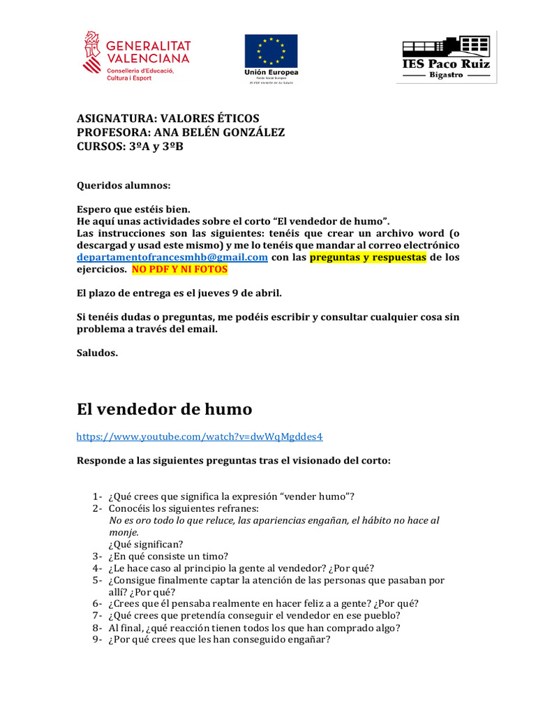 El vendedor de humo preguntas sobre cuento | PDF