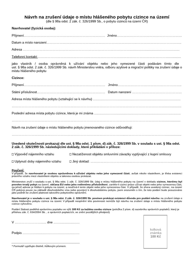 Navrh Na Zruseni Udaje o Mistu Hlaseneho Pobytu Cizince Na Uzemi-FO | PDF