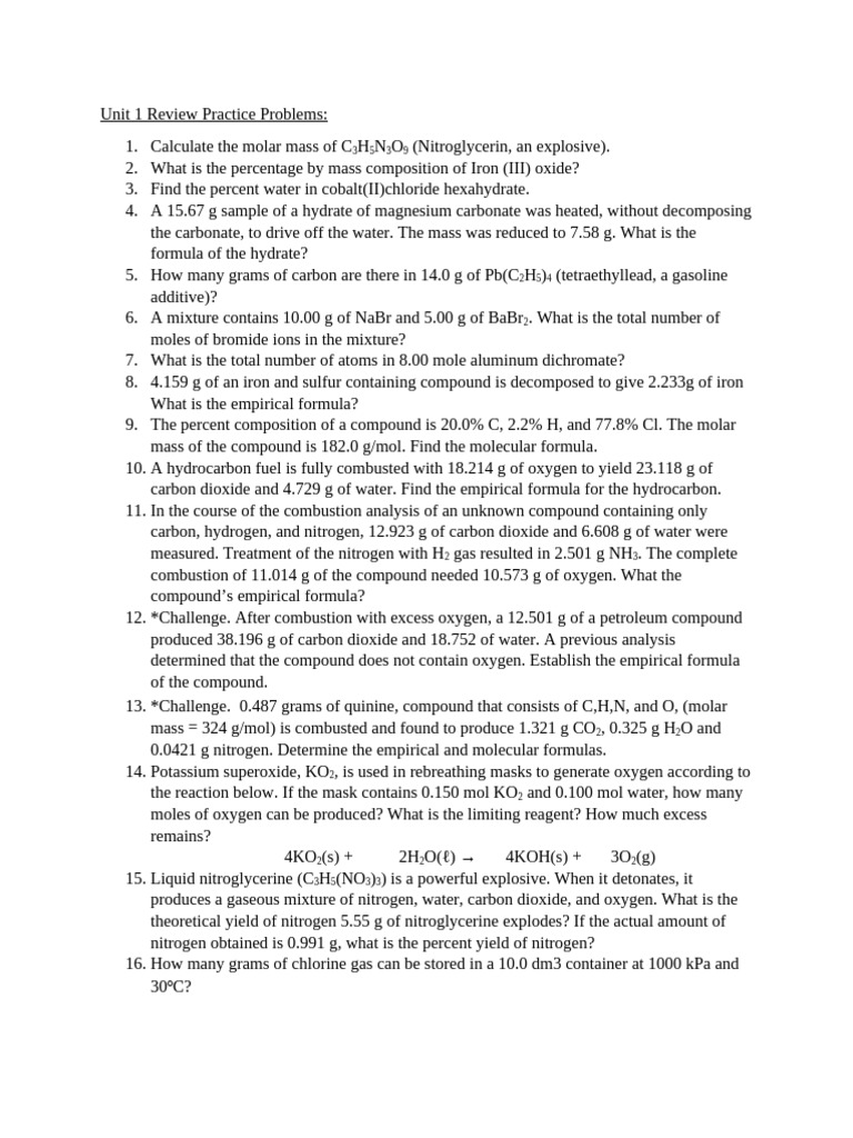 Unit 1 - Unit 4 Fall Final Exam Review Questions | PDF | Chemical ...