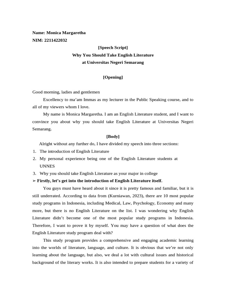 Speech Script-Public Speaking - 2211422032 - Monica Margaretha | PDF ...