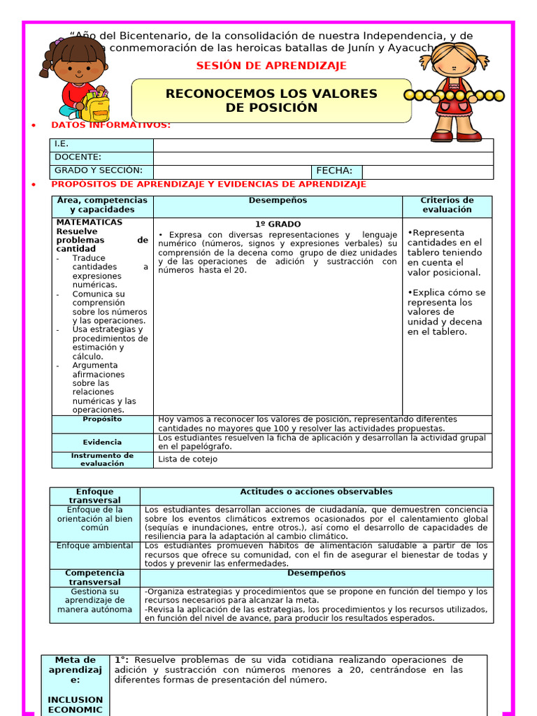 U2 S5 Sesion D2 Mat Reconocemos Los Valores de Posicion | PDF ...