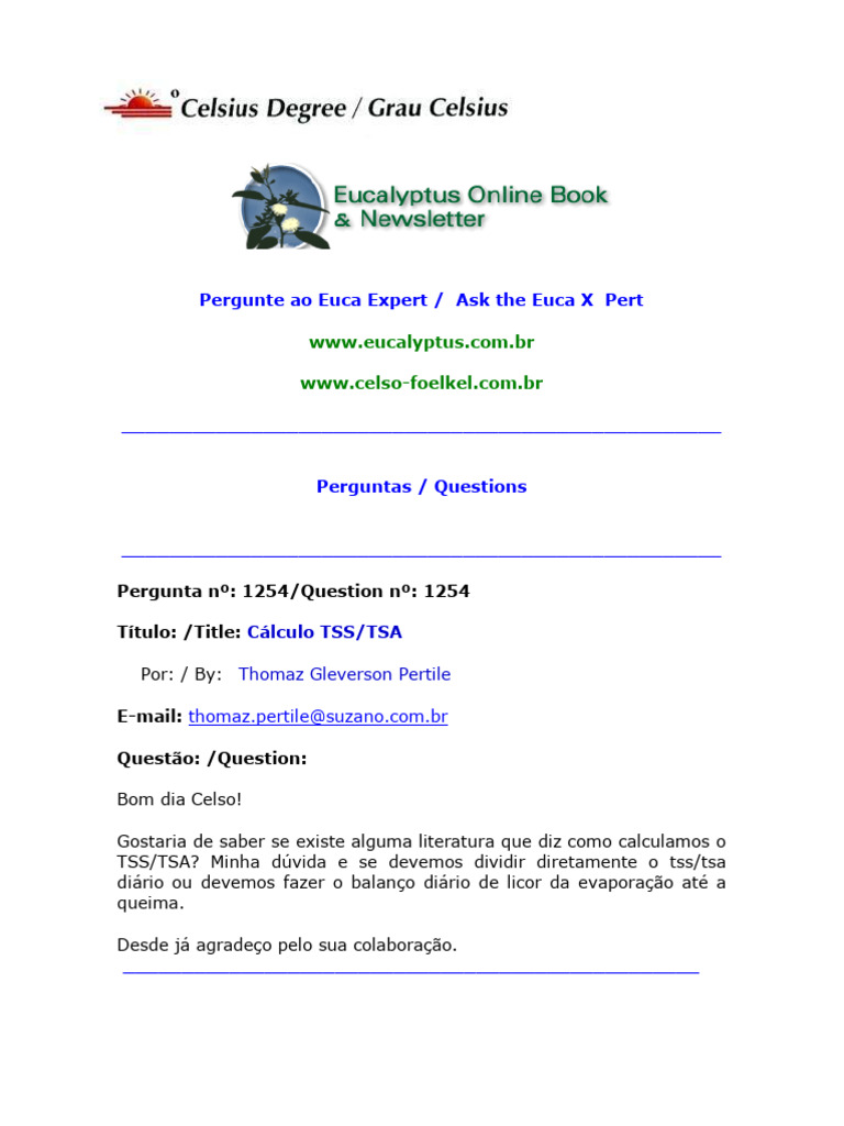 Cálculo de TSS/TSA na Indústria Celulose | PDF