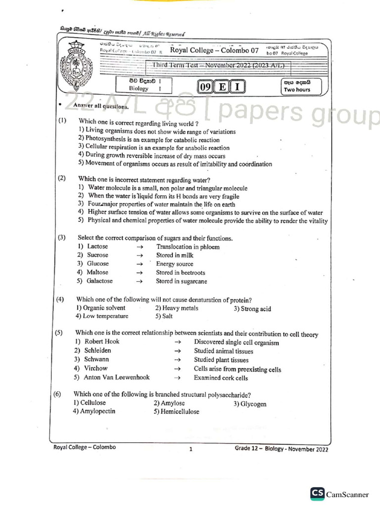 Royal College Biology 3rd Term Test Paper 2022 Grade 12 E | PDF