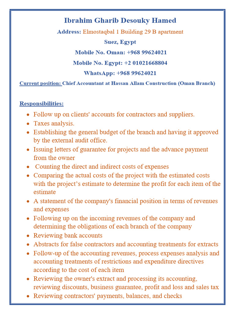 Chief Accountant Profile: Ibrahim Hamed | PDF | Expense | Income Statement