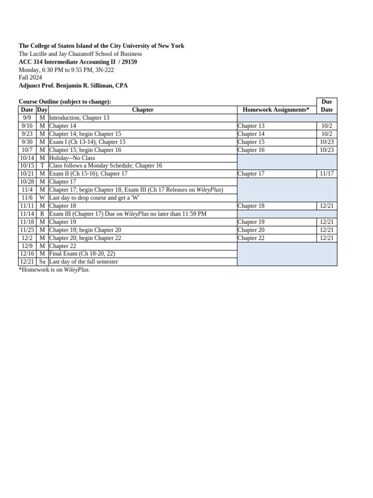 ACC 314 Course Outline (Fall 2024) M CSI - Silliman | PDF