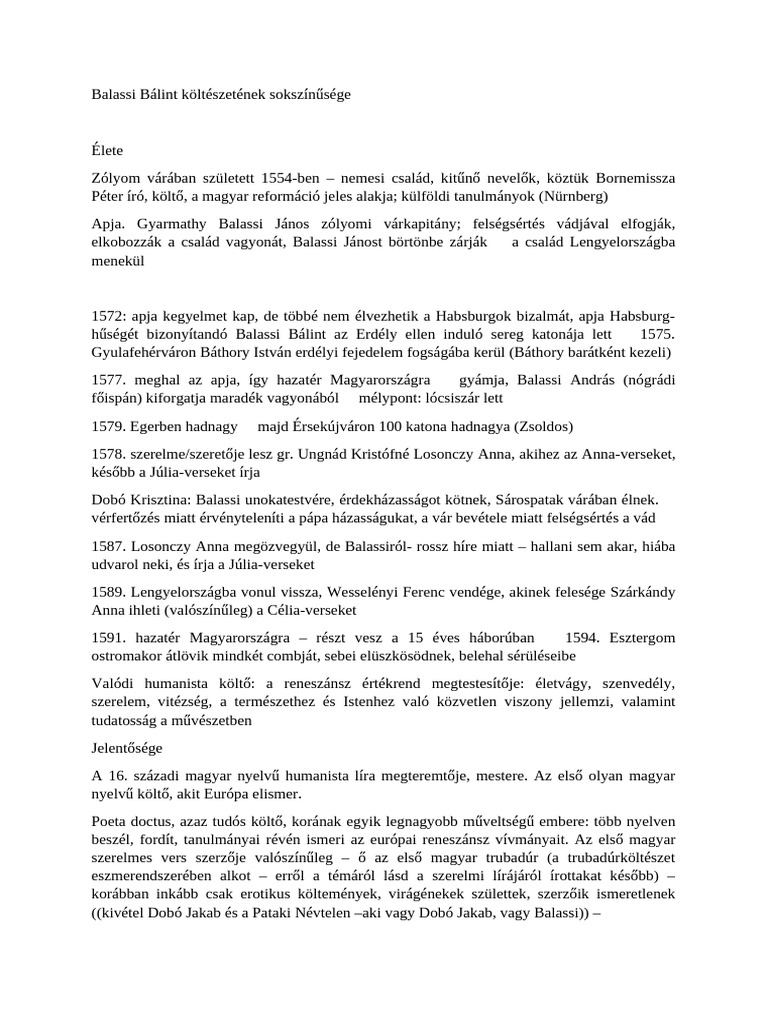 Balassi Bálint Költészetének Sokszínűsége 10B | PDF