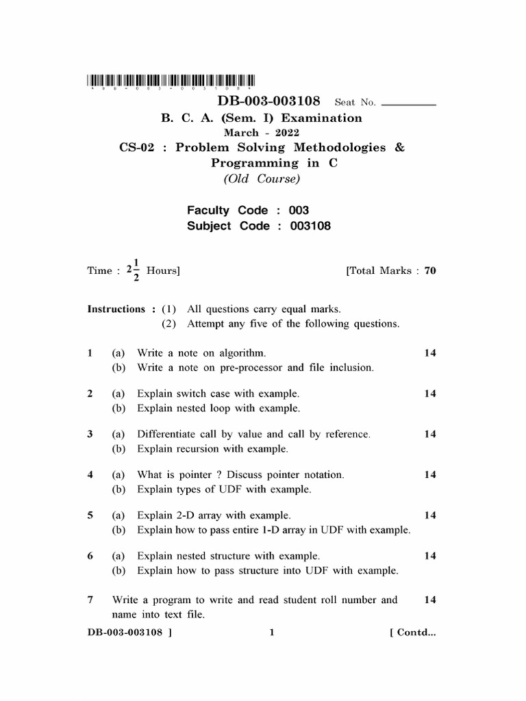 Bca Sem-1 (Old) March-2022 Cs-02 Prob. Solving Methodologis & Prog. in ...