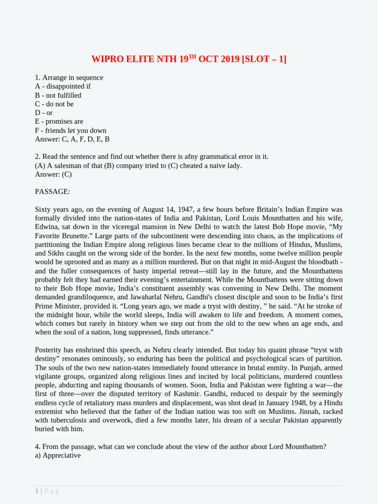 Wipro Elite NTH 19TH Oct 2019 (Slot - 1) | PDF | Unidentified Flying ...