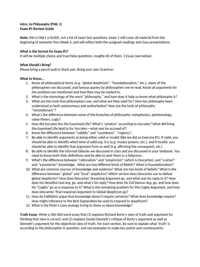Intro Philosophy, CCC, Exam 1 Review Guide | PDF | Knowledge | Argument
