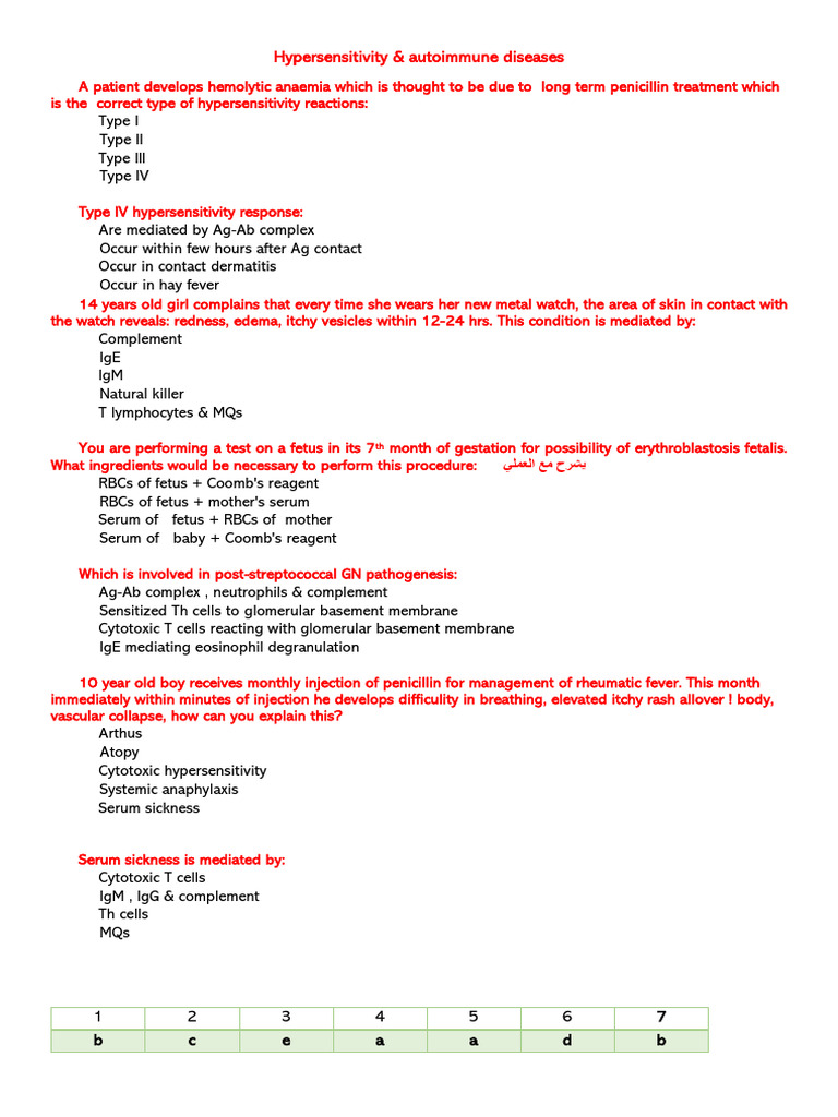 MCQ Hypersensitivity & Autoimmune | PDF | Immune System | Allergy