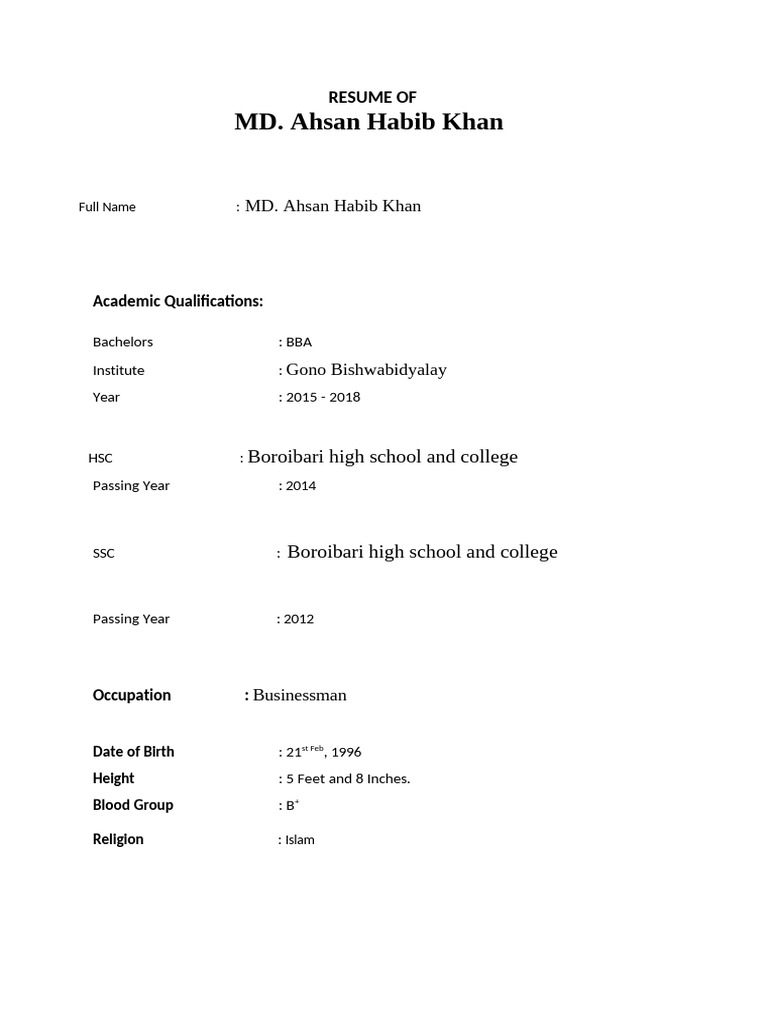 MD. Ahsan Habib Khan _BioData | PDF