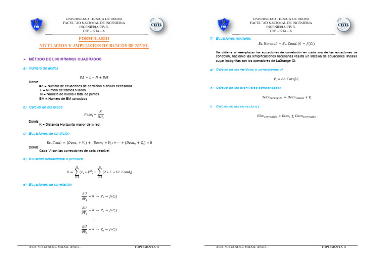 1.- Formulario Nivelacion y ampliacion de BM | PDF | Ecuaciones | Análisis numérico