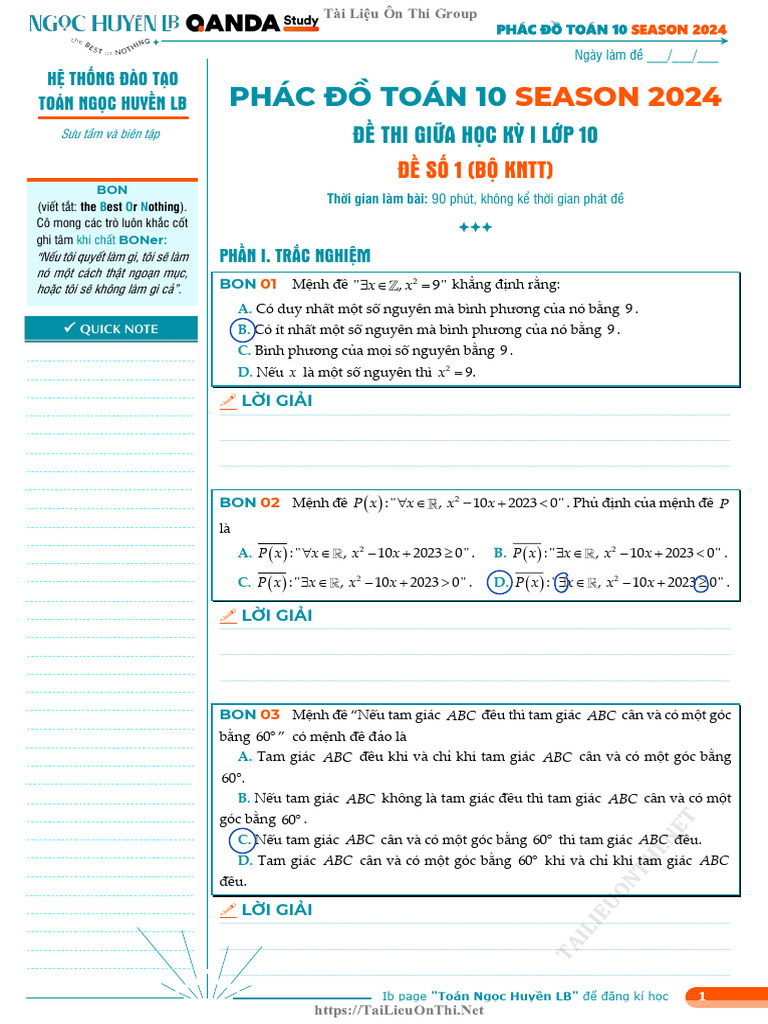 Ngọc Huyền LB Đề thi giữa HKI lớp 10 Đề số 1 bộ KNTT handout | PDF