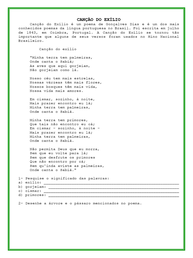 Canção Do Exílio 4º Ano | PDF
