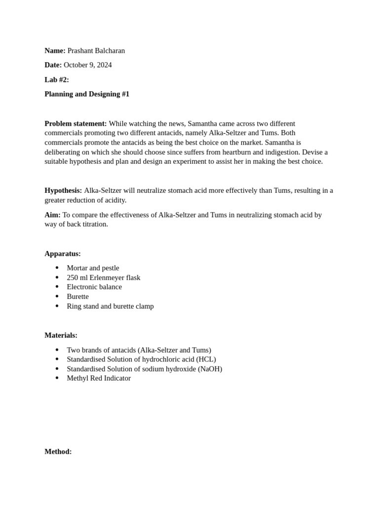 Chemistry Lab #4 - Planning and Designing #1 | PDF | Titration | Chemistry