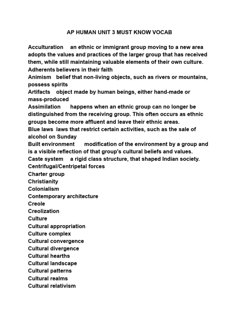 AP HUMAN UNIT 3 MUST KNOW VOCAB | PDF | Ethnicity | Cultural Anthropology