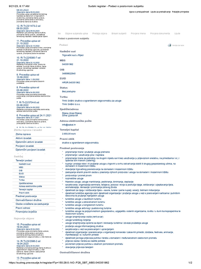 Sudski registar - Podaci o poslovnom subjektu | PDF