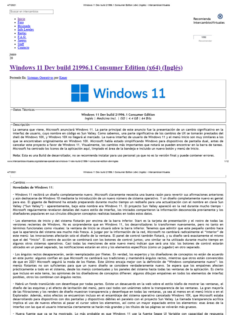 Windows 11 Dev build 21996.1 Consumer Edition (x64) (Inglés ...