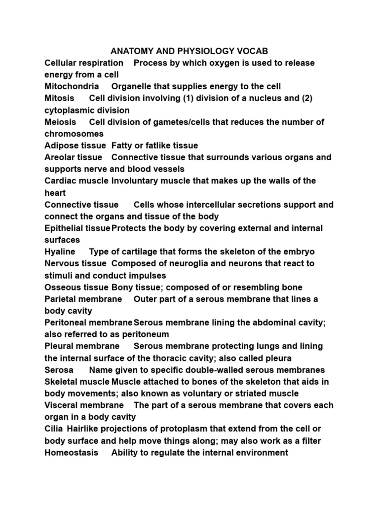 ANATOMY AND PHYSIOLOGY VOCAB | PDF | Anatomy | Tissue (Biology)