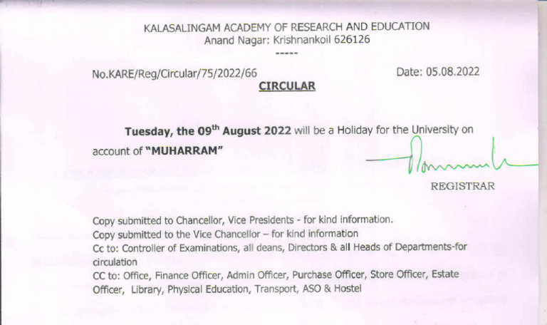 Muharram Holiday Circular | PDF