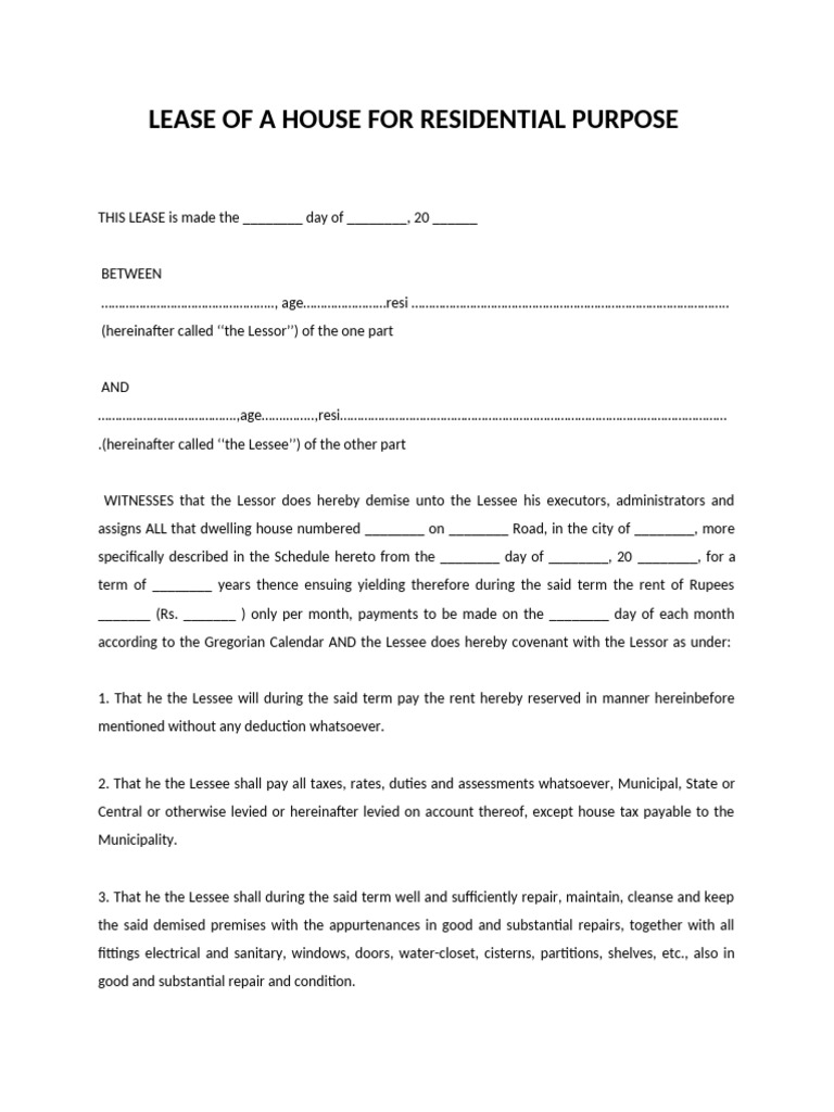 Lease of A House For Residential Purpose | PDF | Lease | Natural ...