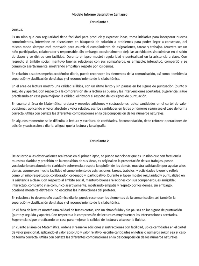 Modelo Informe Descriptivo 1er Lapso | PDF | Puntuación | Escritura