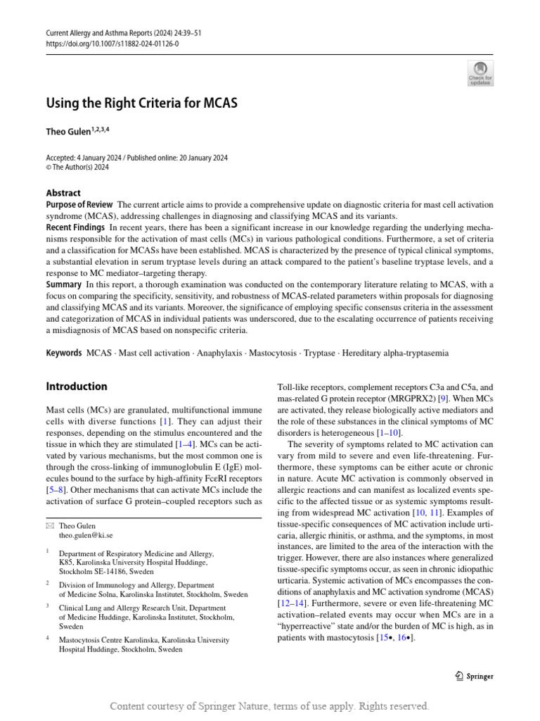 Using The Right Criteria For MCAS | PDF | Medicine | Immunology